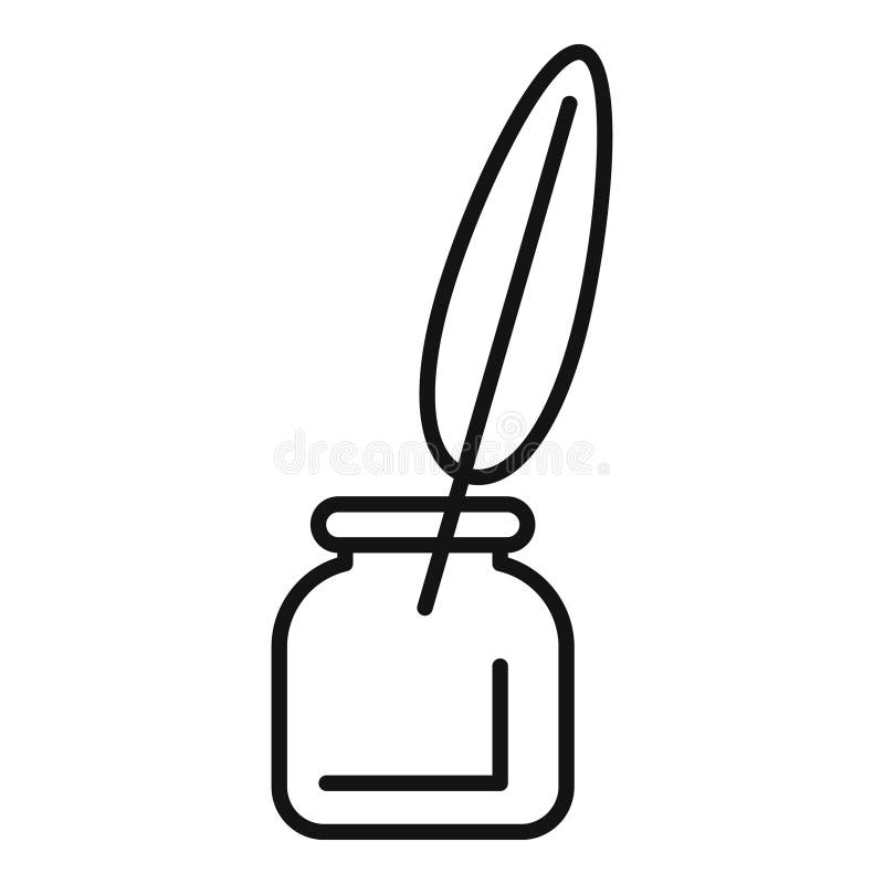 Feather Quill Pen Standing in Inkwell Line Art Icon Stock Illustration ...