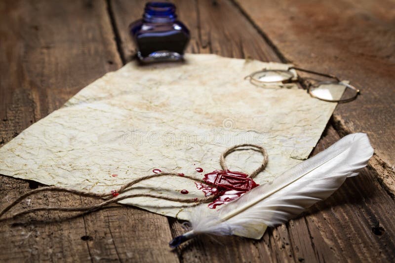 Feather and Red Sealing Wax with Old Paper Stock Image - Image of ...