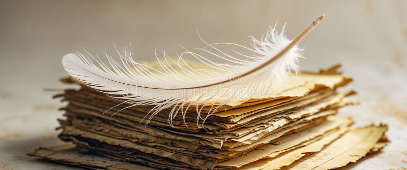 A Feather Resting Atop a Stack of Aged Paper Stock Image - Image of ...
