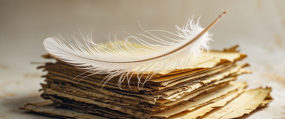 A Feather Resting Atop a Stack of Aged Paper Stock Image - Image of ...