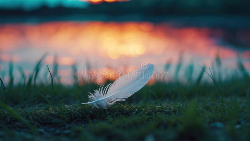 Serene Sunset: White Feather on Grass Near Water Stock Illustration ...