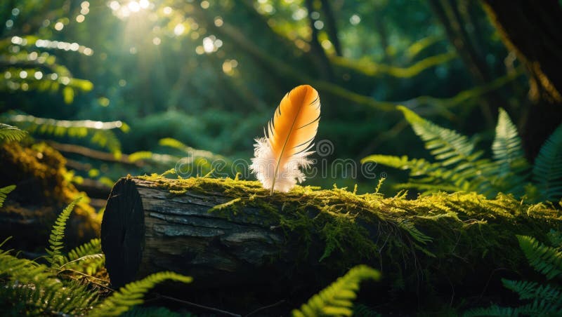 Golden Feather on Mossy Log in Sunlit Forest Stock Illustration ...