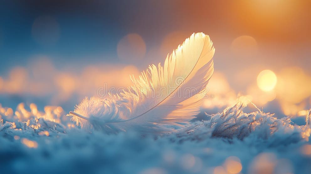 A Feather Resting on Snow at Sunset. Stock Photo - Image of dreamy ...