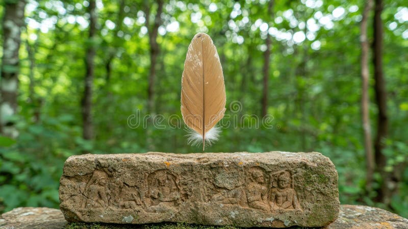 A Feather Rests on an Ancient Stone Carving in a Forest. Stock ...