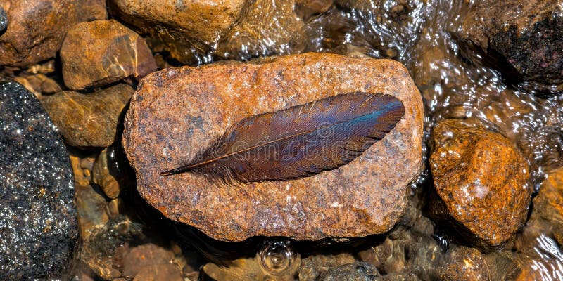 A Feather Rests on a Rock in a Stream. Stock Illustration ...
