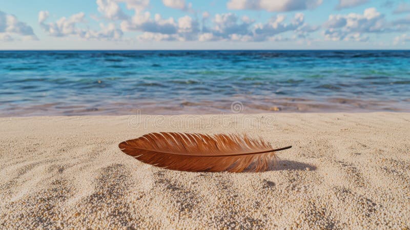 A Feather Rests on a Sandy Beach Near the Ocean. Stock Illustration ...
