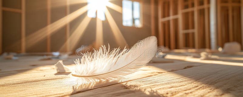 Feather on Wooden Floor with Sun Rays, Peaceful and Serene Atmosphere ...