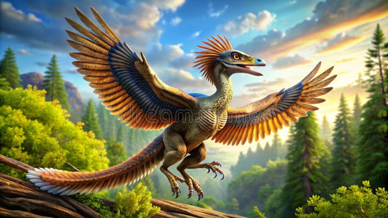 Feathered Microraptor Dinosaur Taking Flight. Prehistoric Scene Stock ...