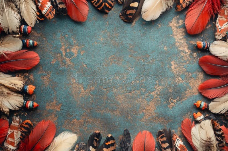 Feathers and Beads Creating a Border on a Textured Background, Offering ...