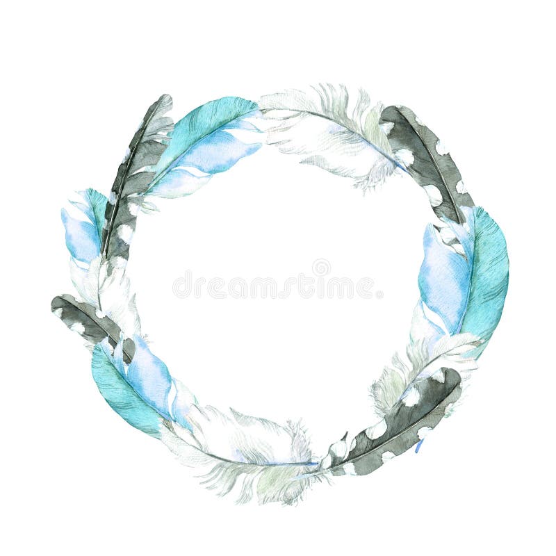 Feathers of Blue Bird. Wreath Border. Watercolor Stock Illustration ...