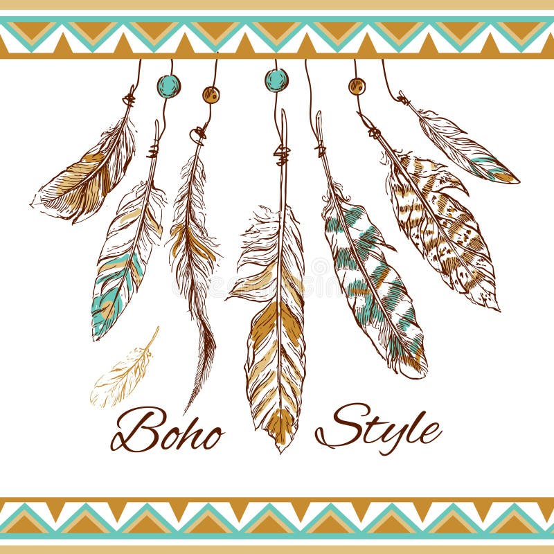 Boho Feather Hand Drawn Effect Vector Style Illustration Stock Vector ...