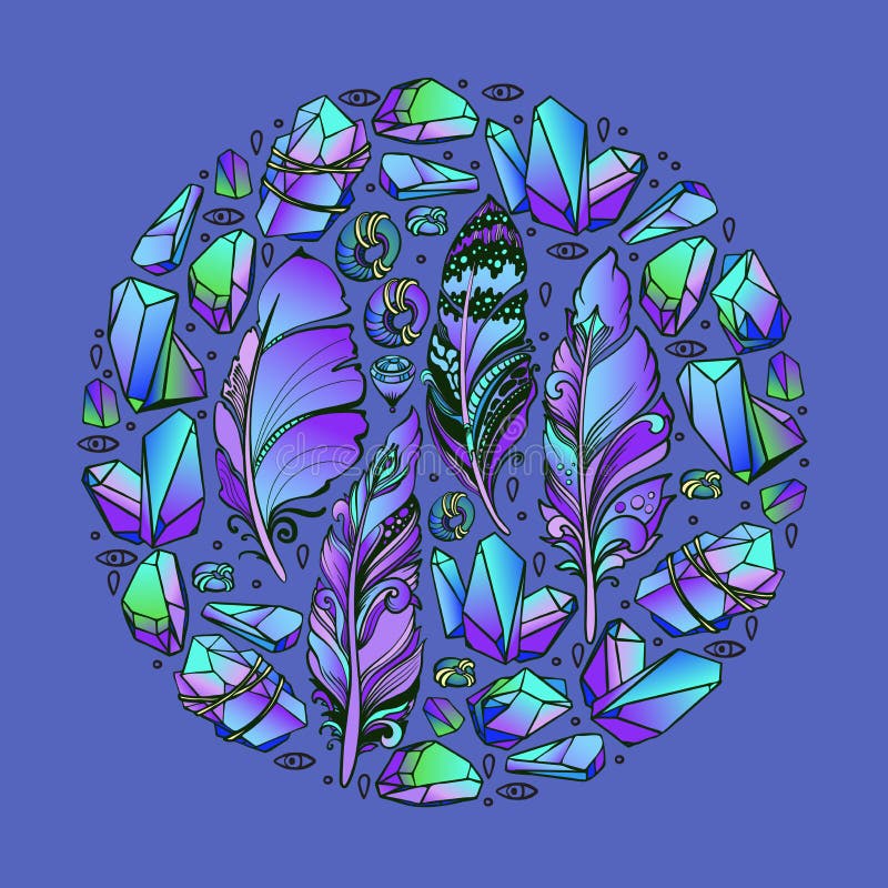 Feathers and Crystals Gems. Beautiful Hand Drawn Vector Illustration ...