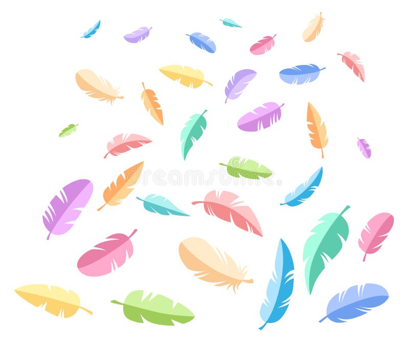 Feathers of Different Shapes Fall Down Vector Set in a Flat Style ...