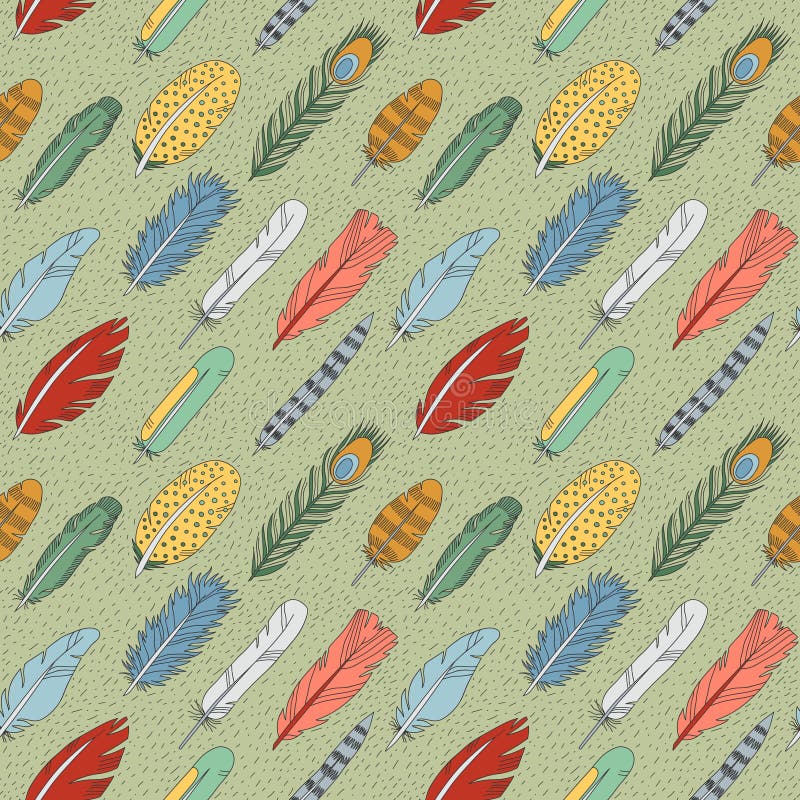 Feathers Doodle Multicolored Seamless Pattern. Cartoon Naive Style ...