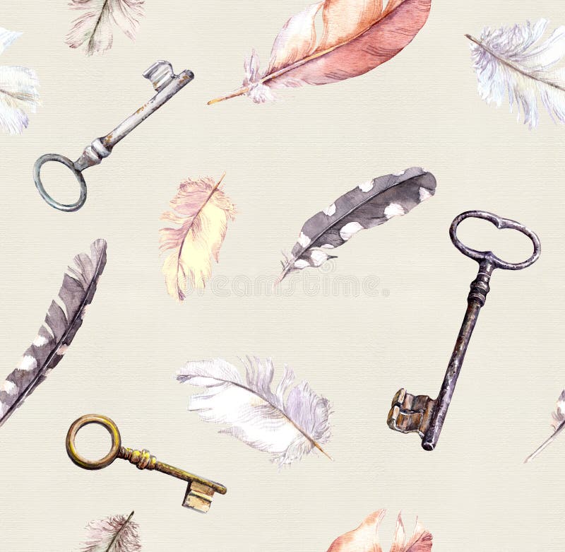 Feathers, Keys on Paper Texture Pattern. Watercolor Seamless Pattern ...