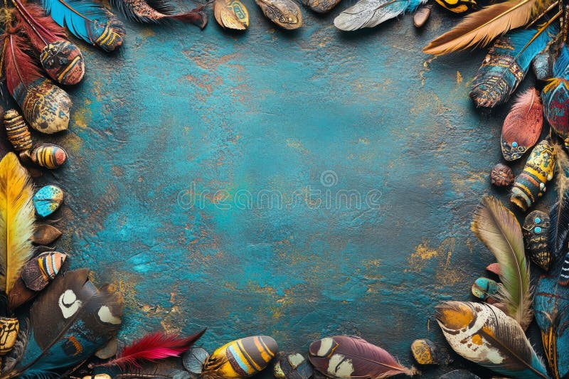Feathers and Painted Stones Forming a Border on a Turquoise Textured ...