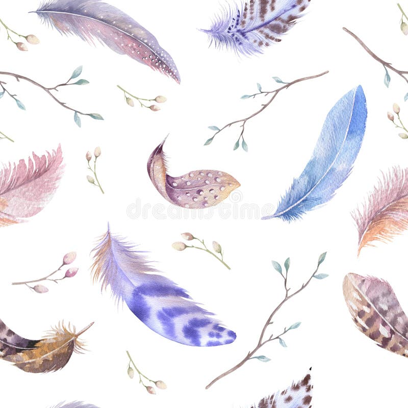 Feathers Repeating Pattern. Watercolor Background with Seamless Stock ...