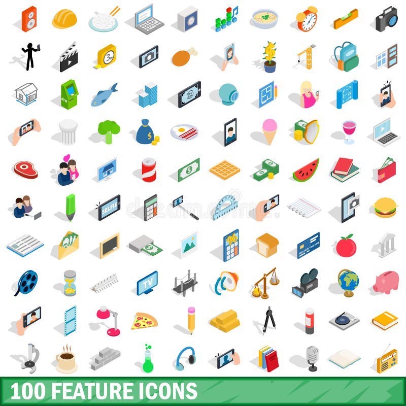 100 Feature Icons Set, Isometric 3d Style Stock Vector - Illustration ...