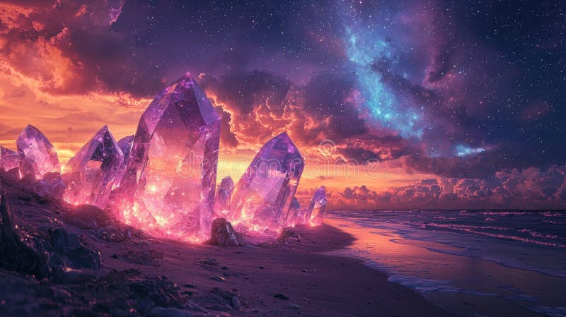 Celestial Beachscape Giant Amethyst Crystals Reflecting the Cosmic Sky ...
