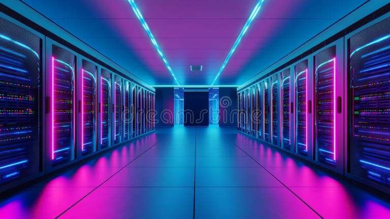 Featured is a High-speed Data Storage Facility Corridor with Blue and ...