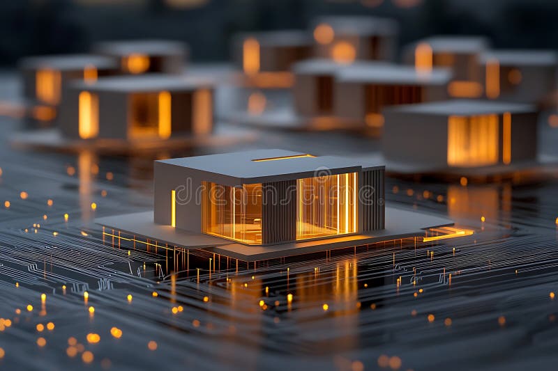 Modern Cubic Structures with Golden Accents on Circuit Board Background ...