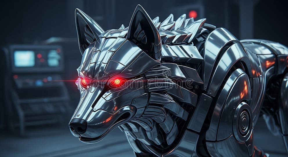 Futuristic Robotic Wolf with Sleek Metal Plating and Glowing Red Eyes ...