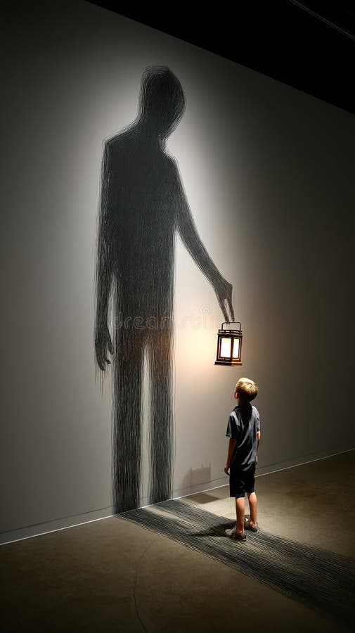 Shadowy Figure with Lantern, Young Boy Gazing Up, Wall Installation Art ...