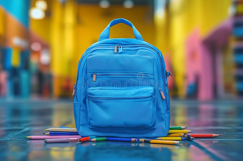 Azure Backpack with Assorted Colored Pencils on Reflective Blue Surface ...