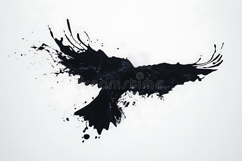 Abstract Black Ink Crow Flying, Splatter Style on White Background ...