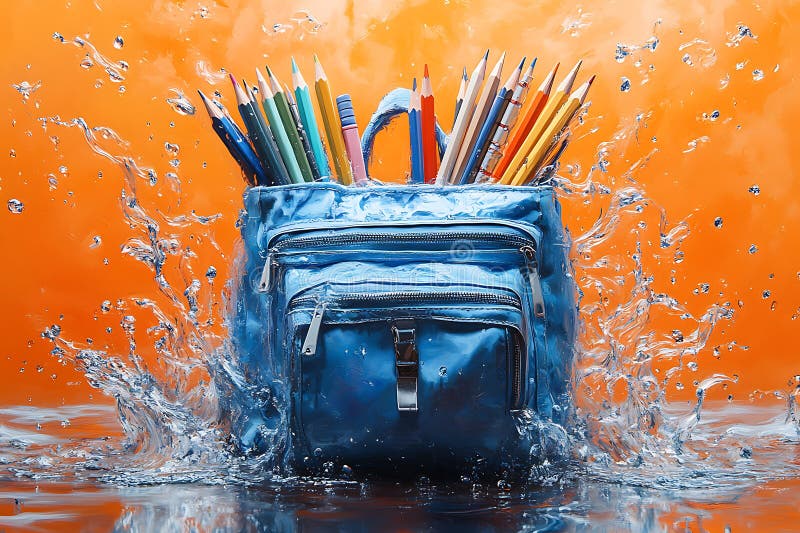 Blue Backpack Filled with Colorful Pencils, Splashing Water and Orange ...