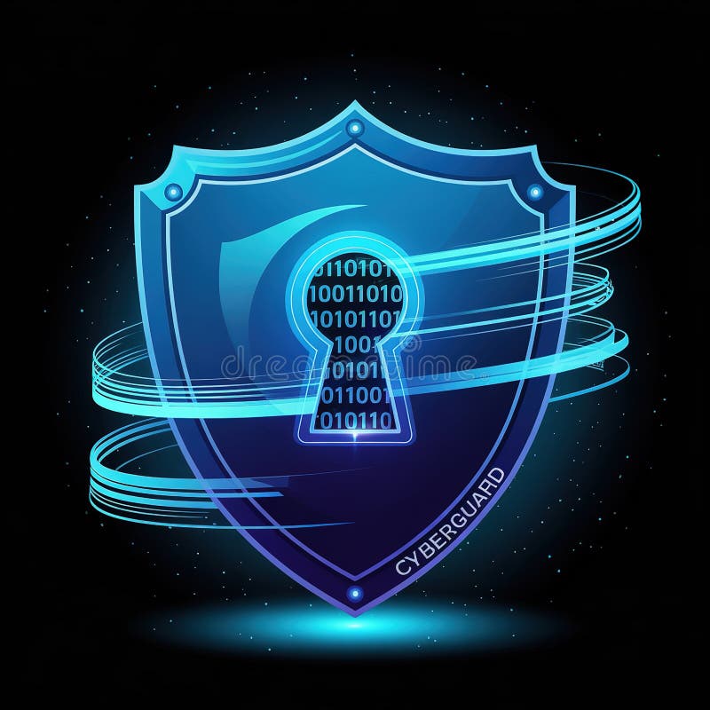 Blue Cyber Shield with Binary Code, Glowing Trails, Transparent Background Design Stock ...