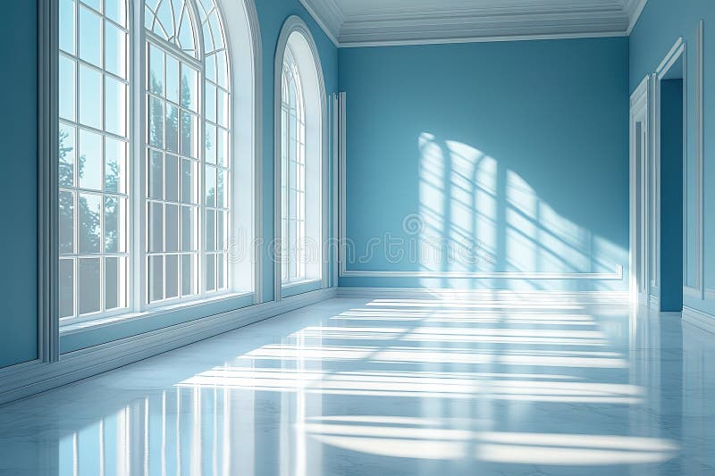 Bright Room with Large Arched Windows and Marble Floors, Light Blue ...