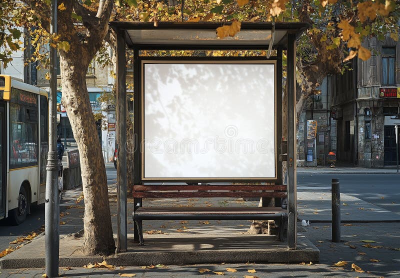 Bus Stop Shelter with a Blank Billboard, Metal Bench, Tree Shadows and ...