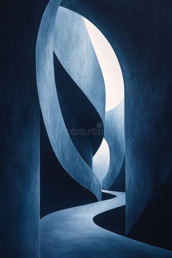 Abstract Blue Structure with Winding Curve Path and Arches in ...
