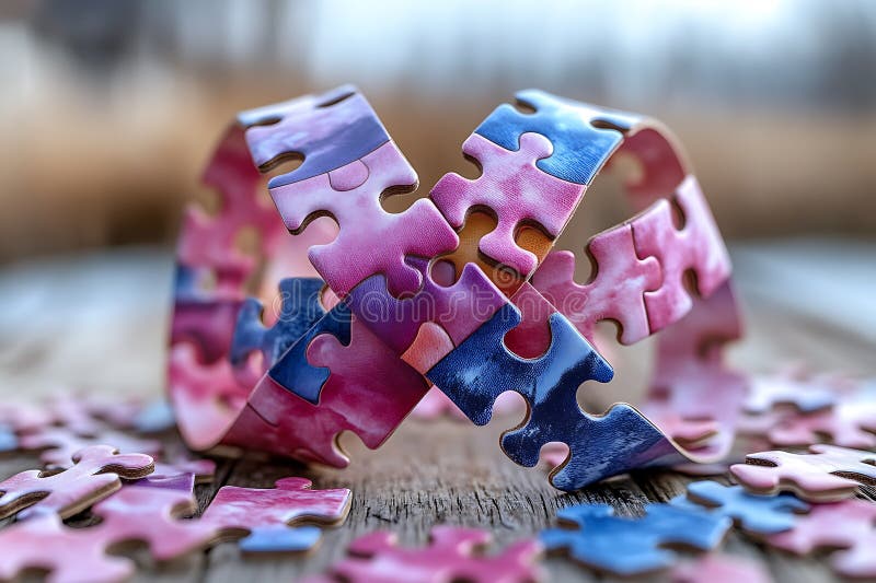 Connected Puzzle Pieces Formation with Blue and Pink Hues, Detailed ...