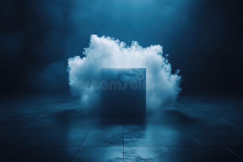 Abstract Dark Blue Cube Surrounded by Mysterious Fog on Shiny Floor ...