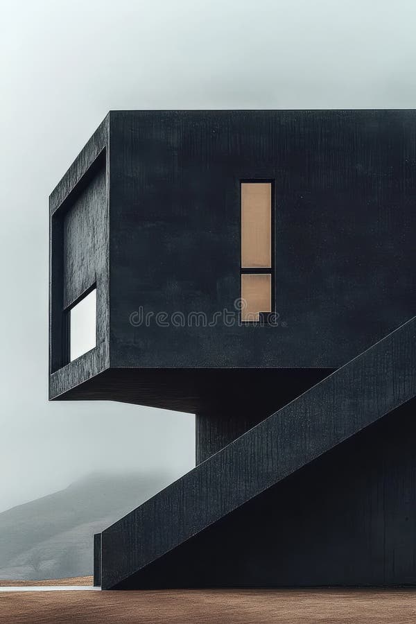 Dark Modern Cube Building with Stairs and Small Window, Minimalist ...