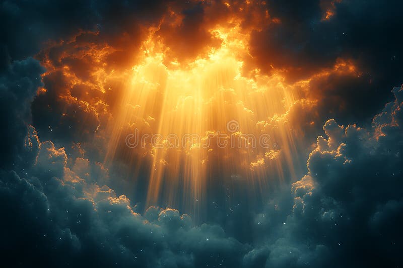 Dramatic Clouds with Golden Sunbeams, Divine Light Rays Bursting ...