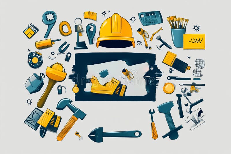 Collection of Construction Tools Flat Lay, Yellow Hard Hat, Blue ...