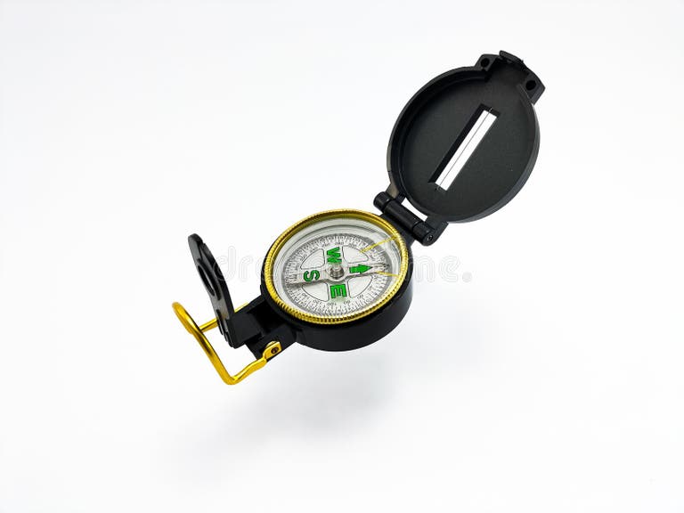 A Black Compass with a Hinged Lid Rests on a White Surface. Stock Image ...