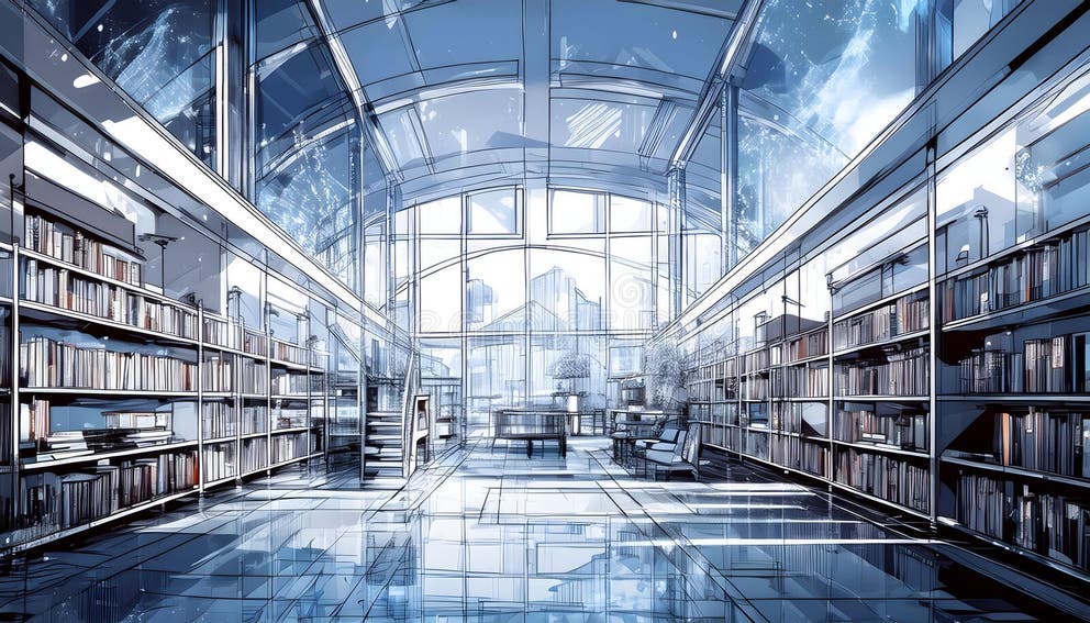 The Features a Futuristic Scene of an Industrial Librarys and Library with Reflections Stock ...