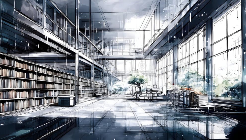 The Features a Futuristic Scene of an Industrial Librarys and Library ...