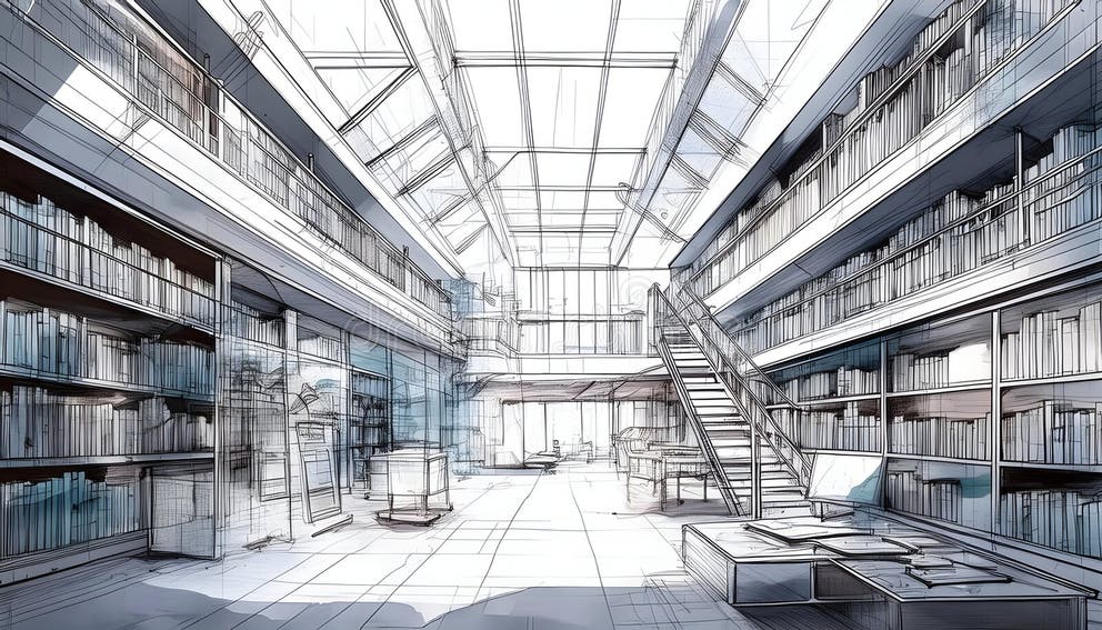 The Features a Futuristic Scene of an Industrial Librarys and Library ...
