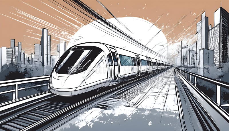 The Features a Futuristic Scene of an Industrial Sky Train and Sky ...