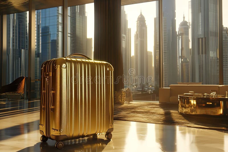 Luxurious Golden Suitcase in a HighRise Apartment with Cityscape View ...