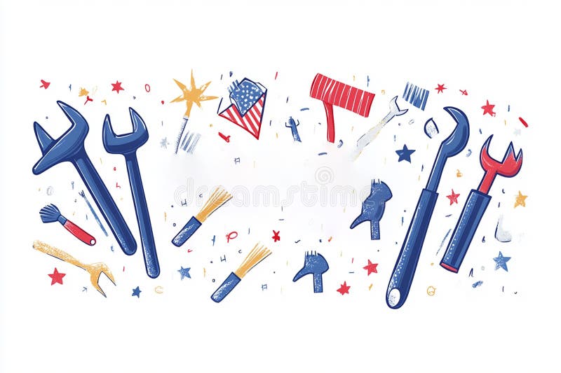 HandDrawn Wrenches, Flag, Stars & Tools Scattered on White Backdrop ...