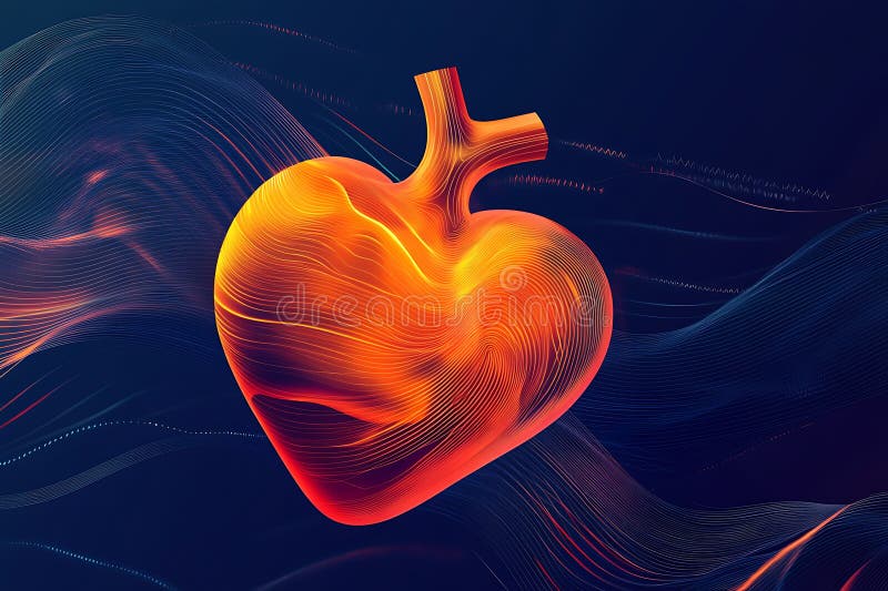 Abstract Glowing Orange Heart Shape with Wavy Lines on Dark Blue ...