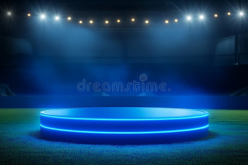 Illuminated Blue Round Platform, Grass Stage, Stadium Background, Night ...