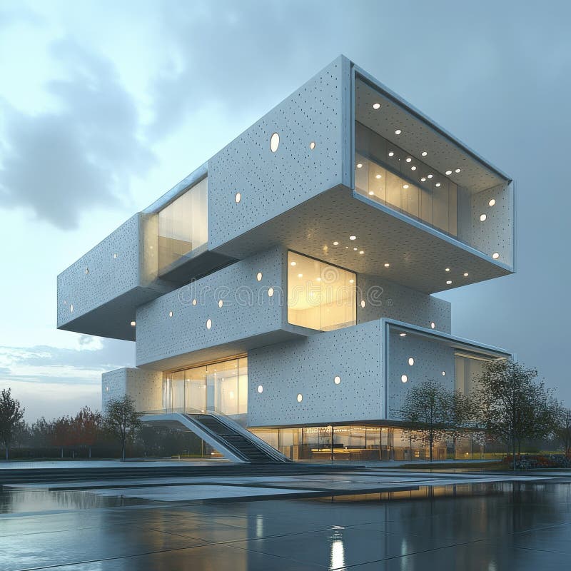 Modern Concrete Architecture Building with Square Windows on Cloudy Day ...
