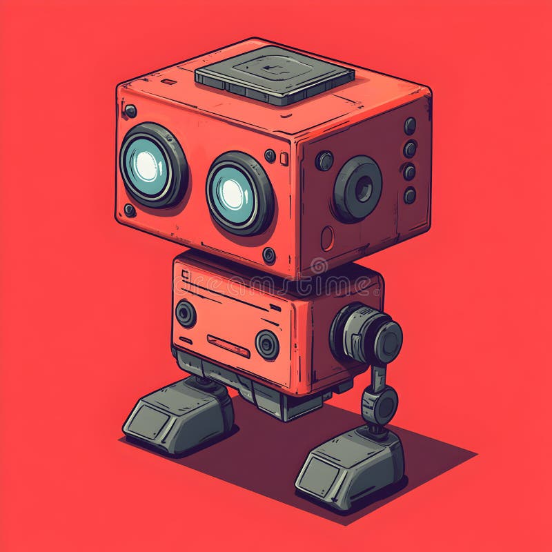A Cartoon-style Red Robot with a Boxy Design Stands Against a Solid Red ...